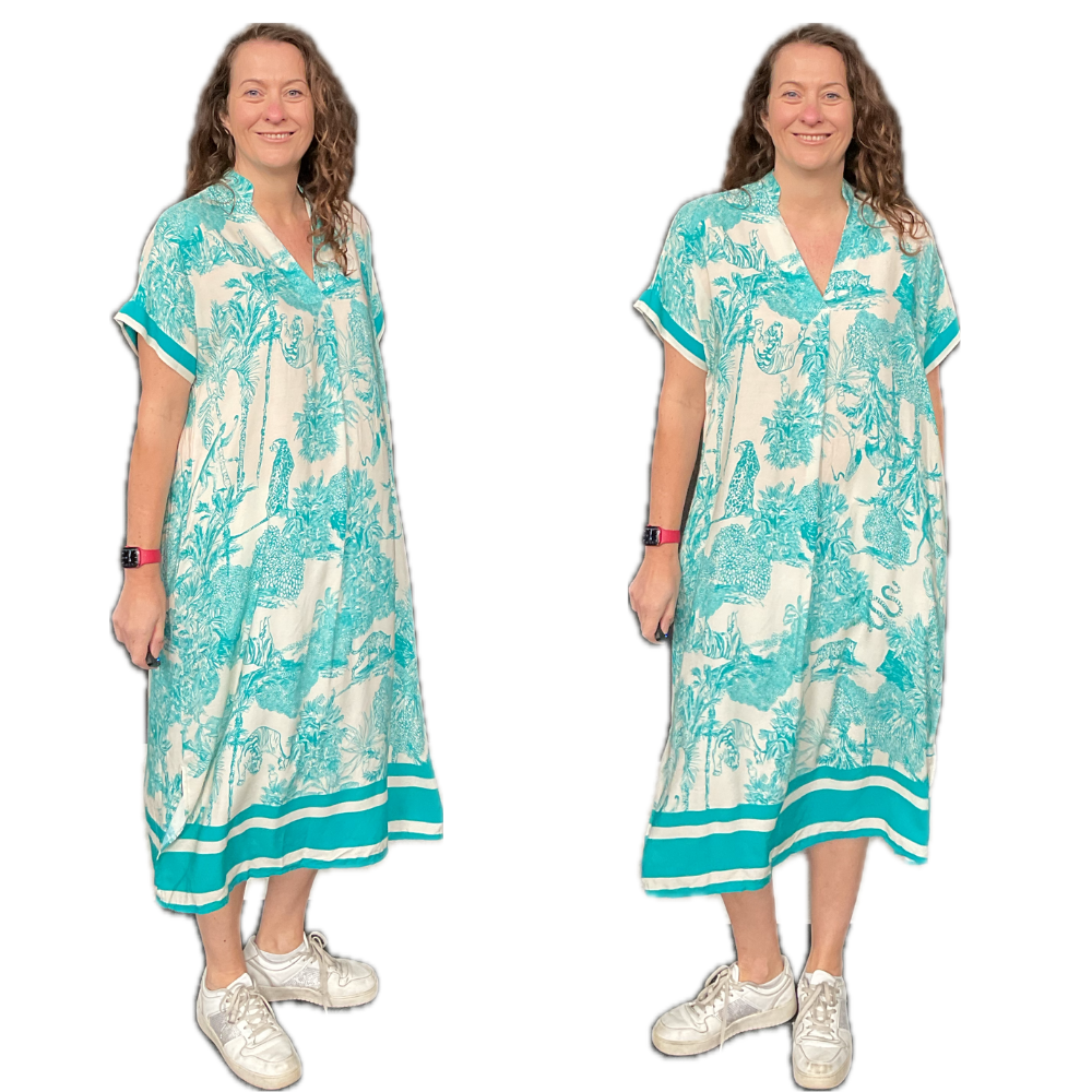 Turquoise animal design floaty dress with pockets – Pamper Yourself Now ...